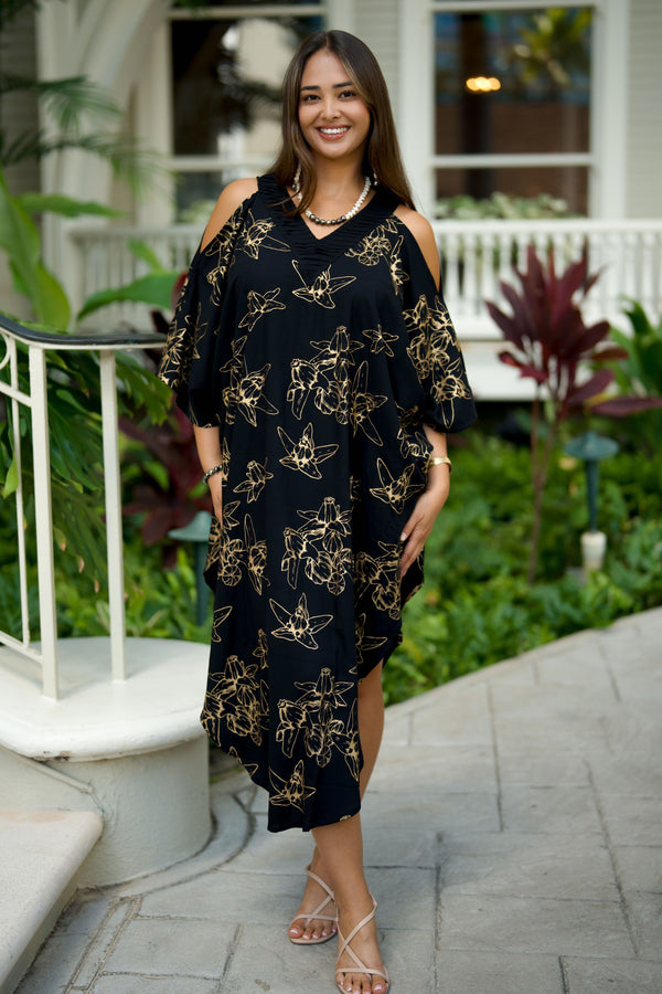 Caftan Pualei Black Gold Pua Kalaunu - Kahulaleʻa